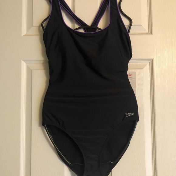 Speedo | Swim | Speedo Pc Racerback Swim Suit Nwt Black Wpurple Trim Sz ...